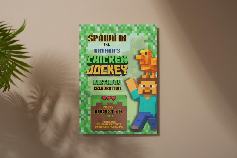 Editable Minecraft Birthday Invitation, Chicken Jockey Theme, Digital ...