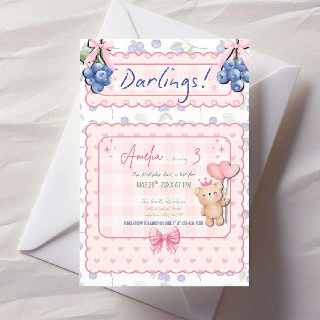 Coquette Blueberry Birthday Invitation, Pink Bow Digital Invite ...