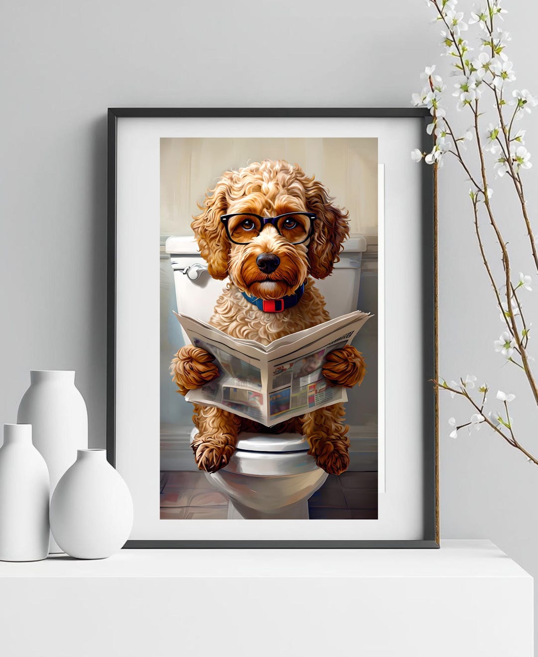 Cockapoo Digital Print, Dog Bathroom Art, Cockapoo Reading Newspaper ...
