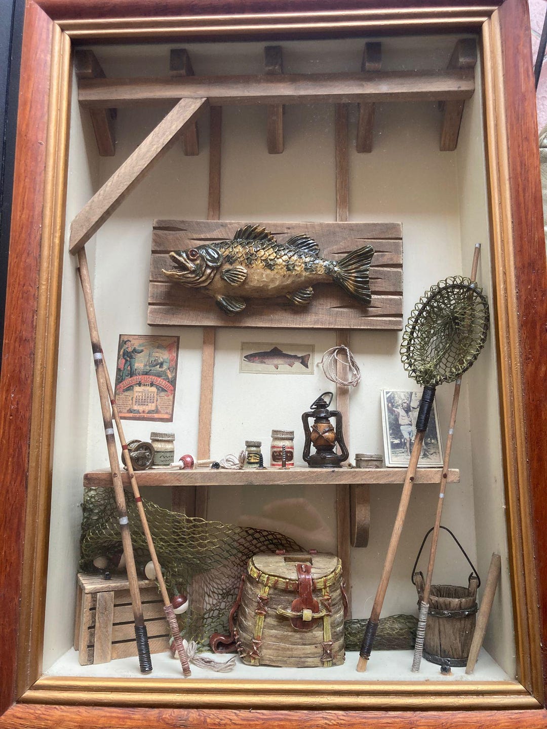 Vintage Fishing Shadow Box, Solid Wood & Glass Display, 3D Cabin ...