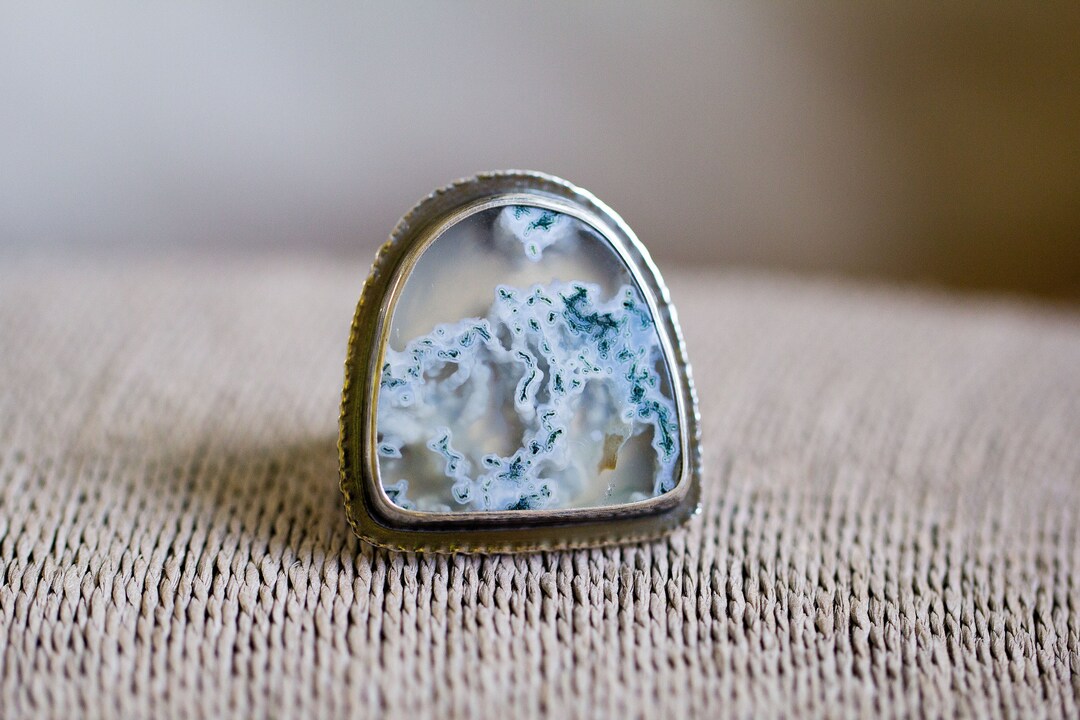 Wiggins Fork Moss Agate Ring, Plume Agate Ring, Green Moss Agate ...