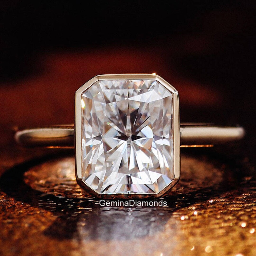 Bezel Set Radiant Cut Moissanite Engagement Ring, Solitaire Moissanite ...