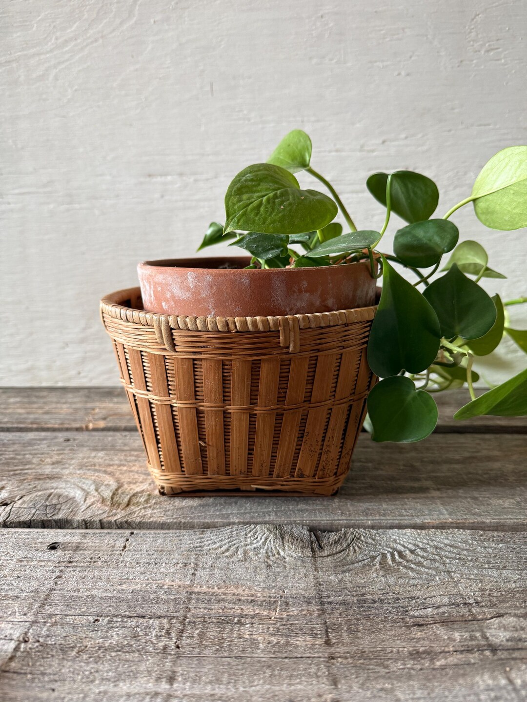 Vintage 1980's Woven Bamboo Basket Planter Natural Handmade Woven Round ...