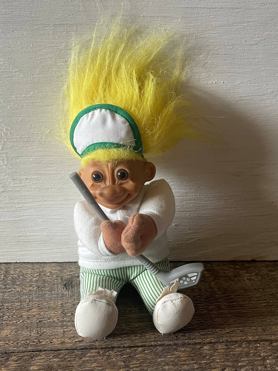 Vintage Russ Troll Golfer Doll // Soft Body, Yellow Hair, White and ...