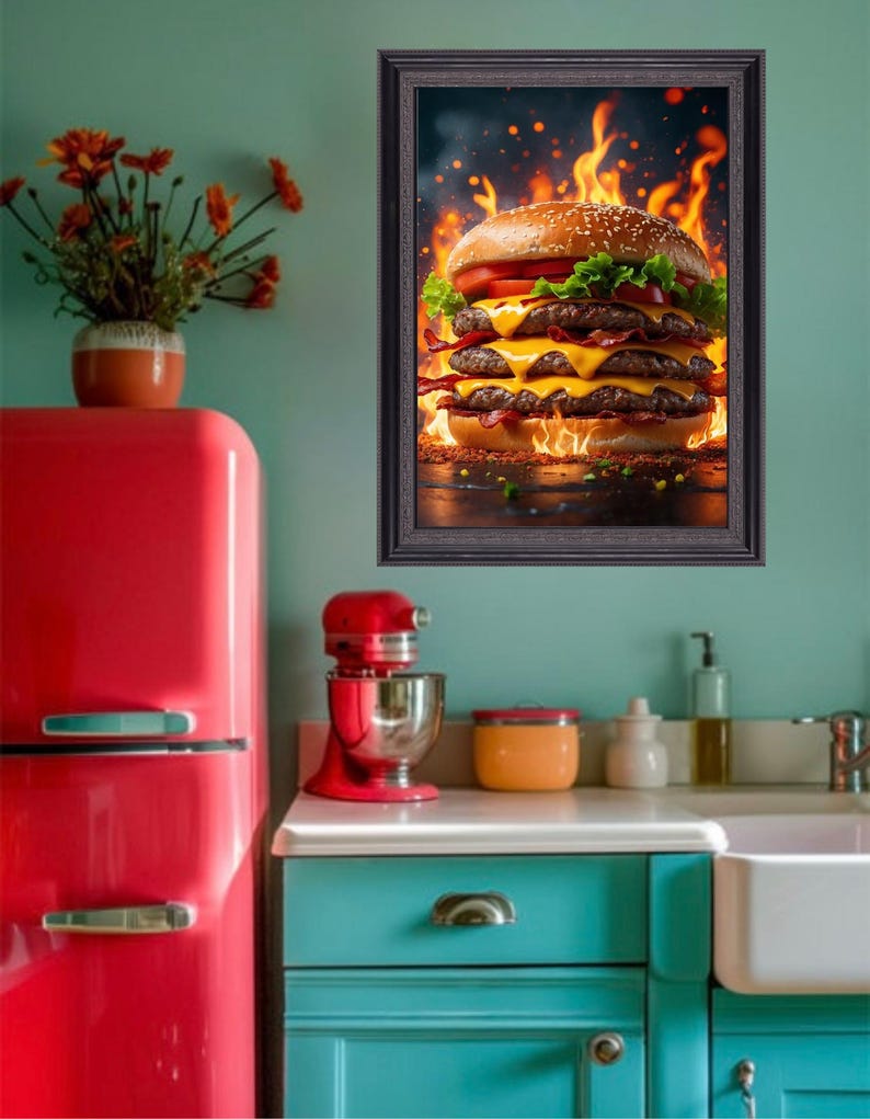 Fiery Burger Digital Food Art Print - Etsy