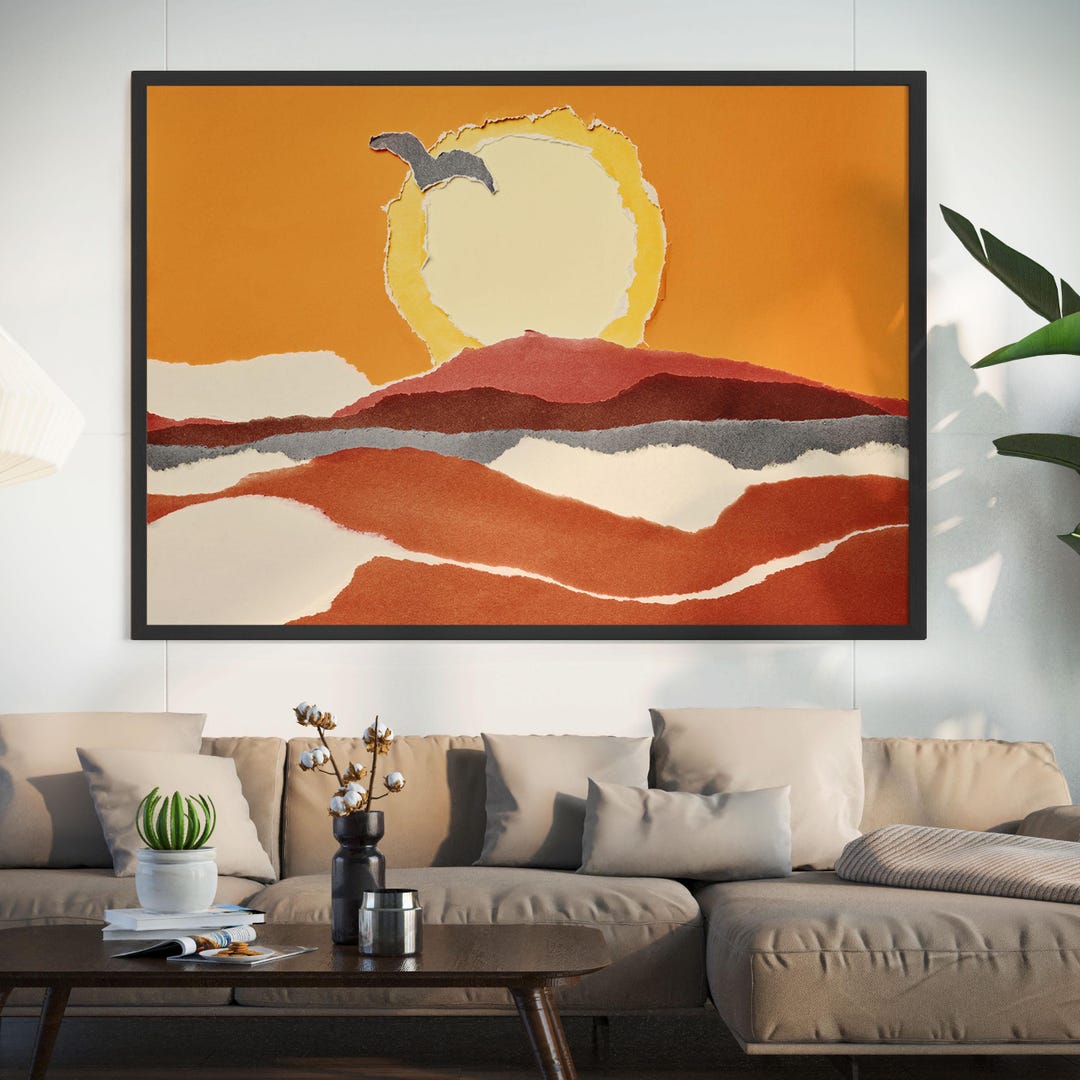 Sunset Landscape Paper Art, Minimalist Torn Paper Artwork, Boho Wall ...
