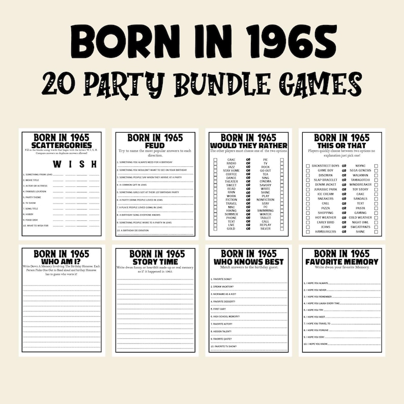 60th Birthday Party Games Bundle: 1965 Trivia, Scattergories (printable ...