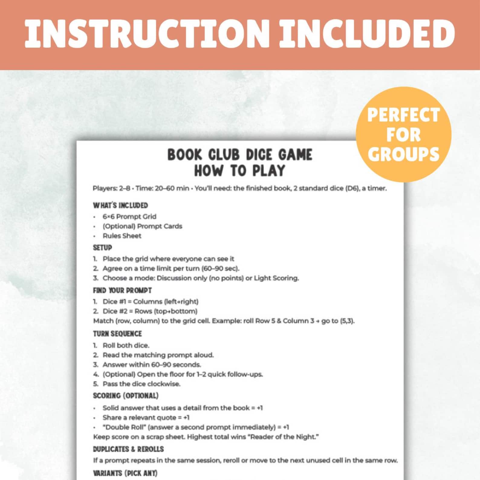 Book Club Dice Game • Printable Discussion Questions • Reading Group ...