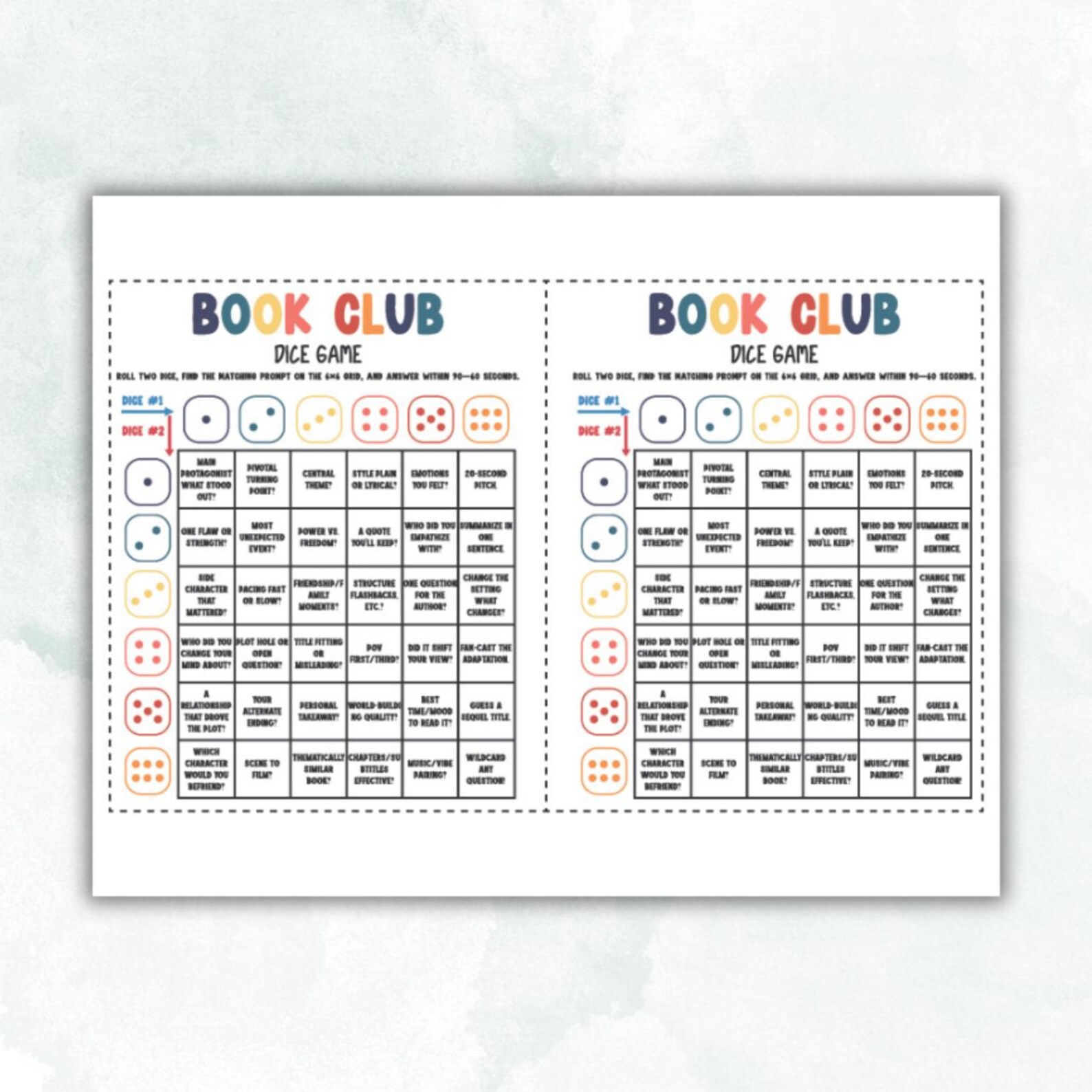 Book Club Dice Game • Printable Discussion Questions • Reading Group ...