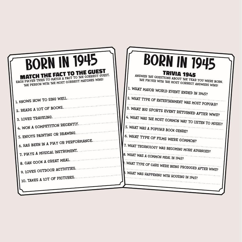 80th Birthday Party Games 1945 Trivia Born in 1945 80 Year Old Men ...