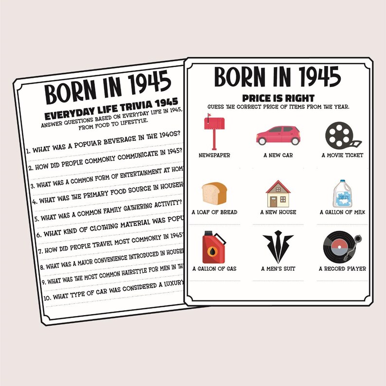 80th Birthday Party Games 1945 Trivia Born in 1945 80 Year Old Men ...