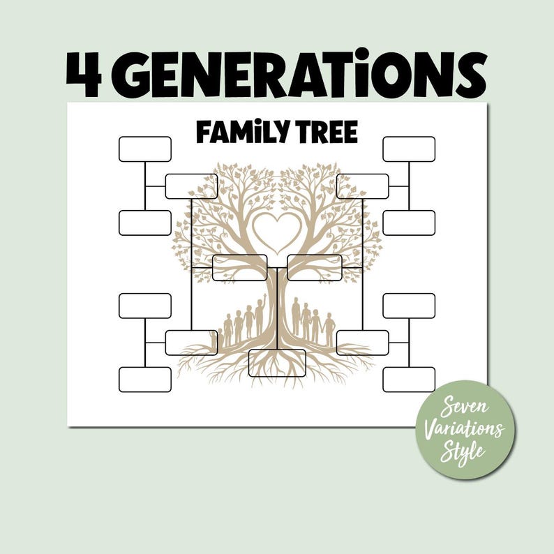 Family Tree Chart 4 Generations, Printable for Family Reunion, Pedigree ...