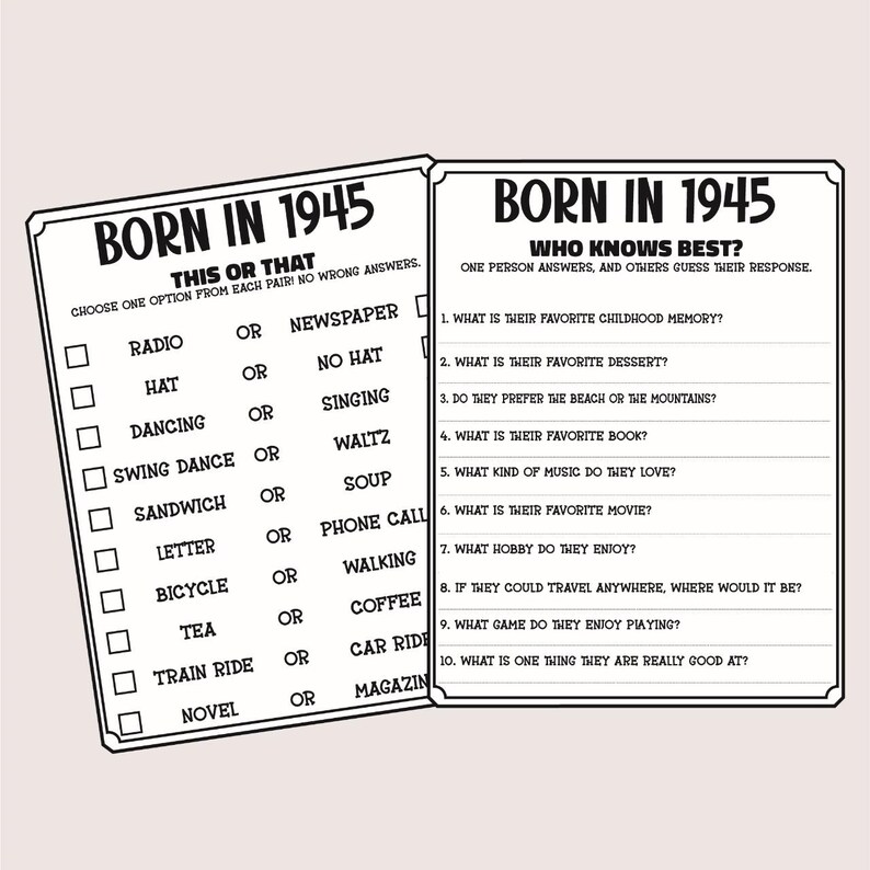 80th Birthday Party Games 1945 Trivia Born in 1945 80 Year Old Men ...