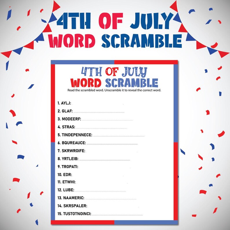 4th of July Word Scramble Game, Patriotic Party Game, Independence Day ...