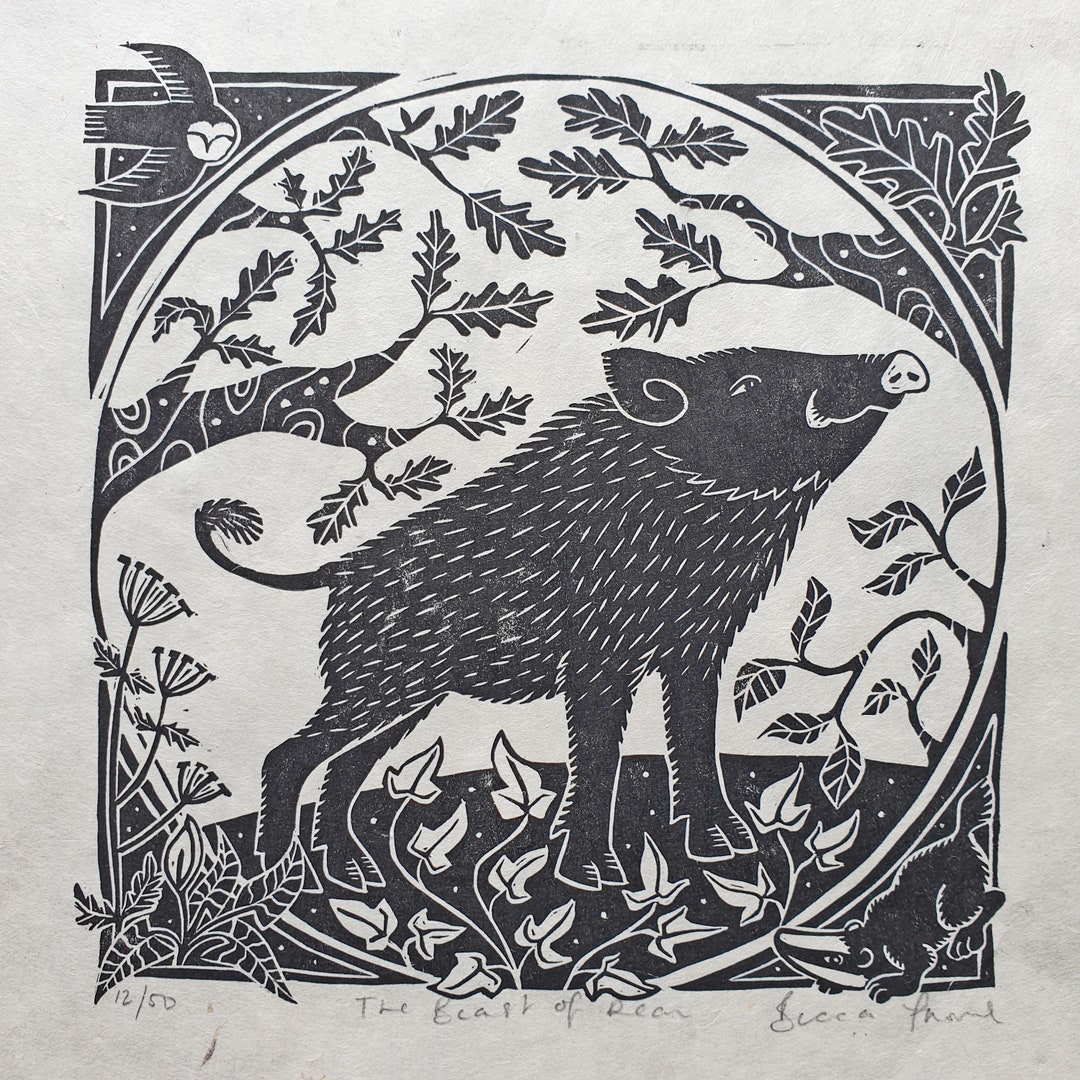LAST FEW! the Beast of Dean Original Linocut Print on Handmade Lokta ...