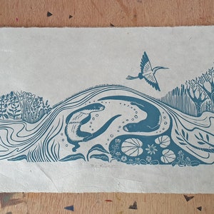 The River Original Linocut Print. Landscape Nature Wildlife Print on ...