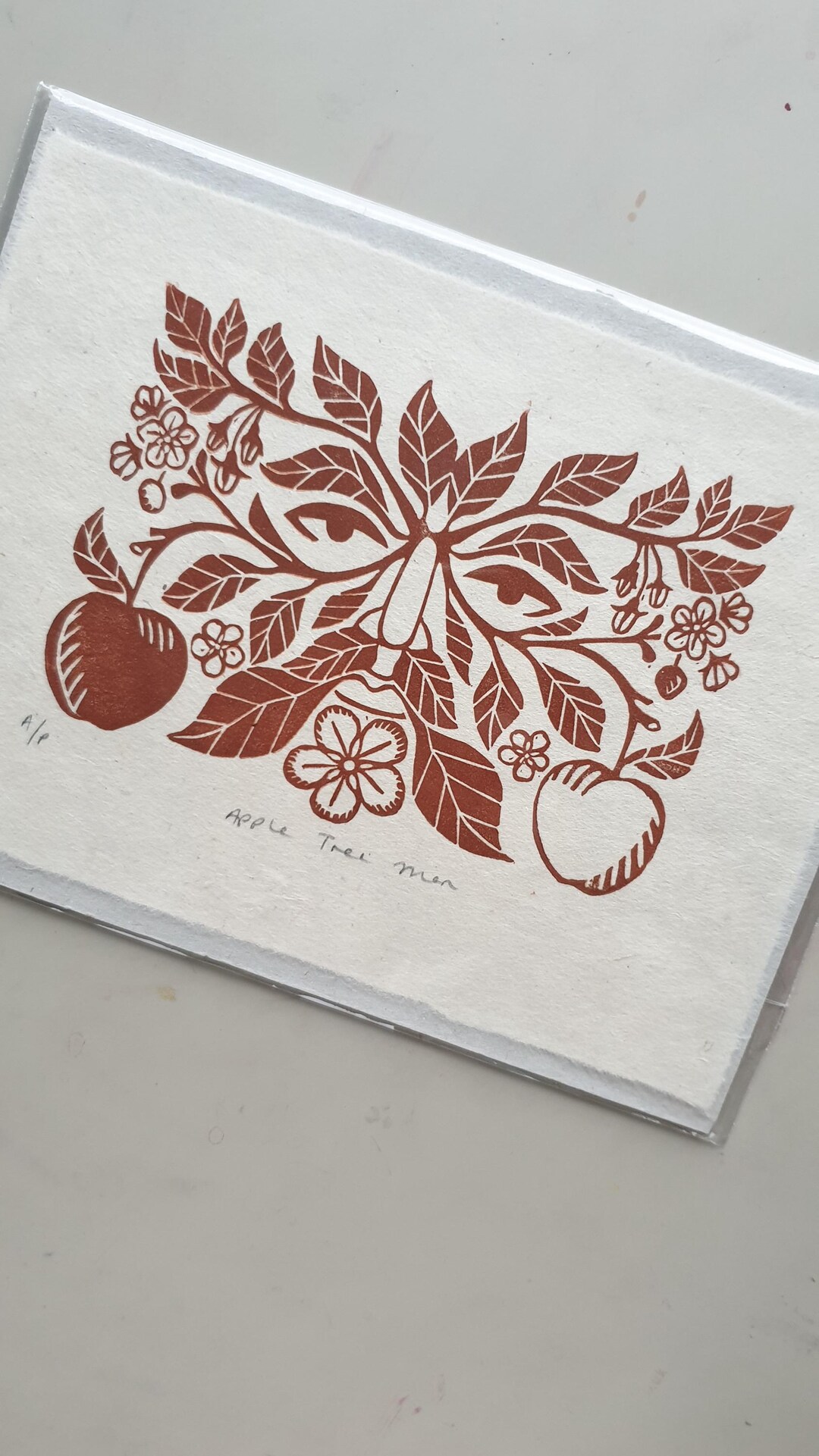 SALE Artist's Proof Apple Tree Man Original Linocut Print on Handmade ...