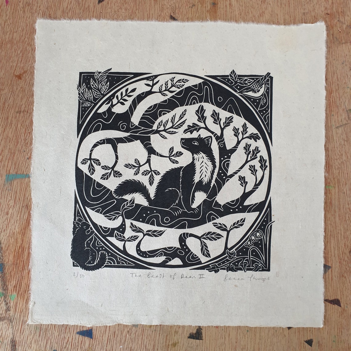 The Beast of Dean II Pine Marten, Original Linocut Print on Handmade ...