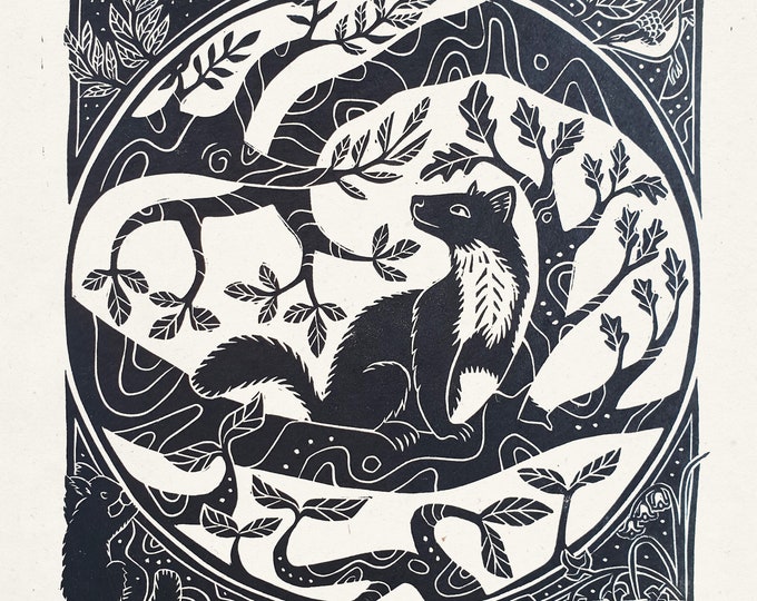 The Beast of Dean II Pine Marten, Original Linocut Print on Handmade ...