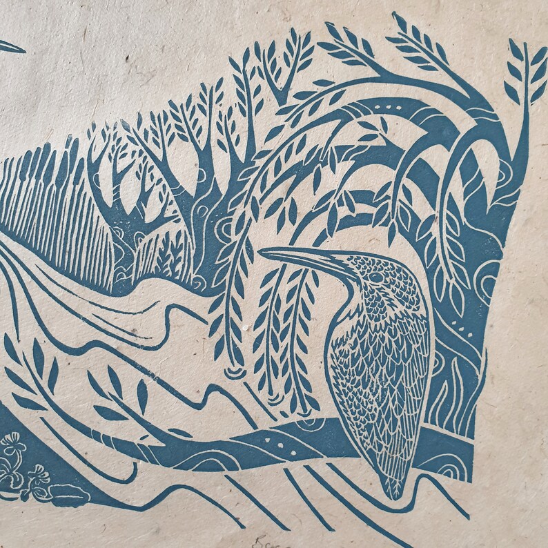 The River Original Linocut Print. Landscape Nature Wildlife Print on ...
