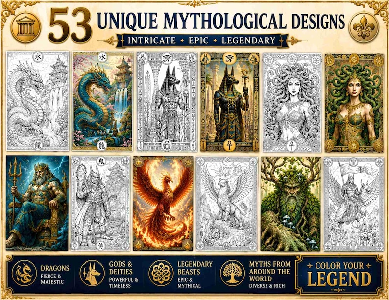 Mythological Creatures Coloring Book, 53 Fantasy Pages With Full Color ...