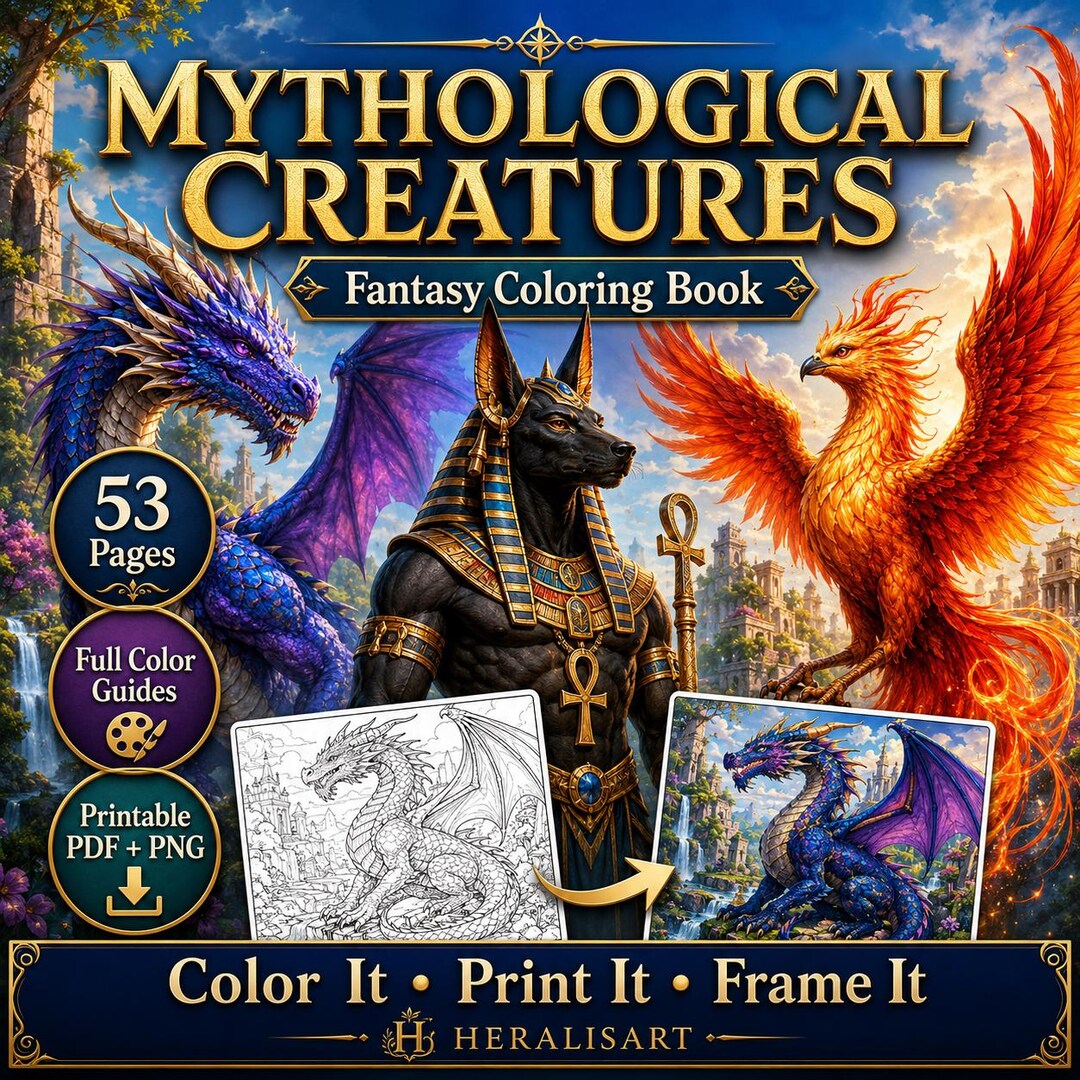Mythological Creatures Coloring Book, 53 Fantasy Pages With Full Color ...