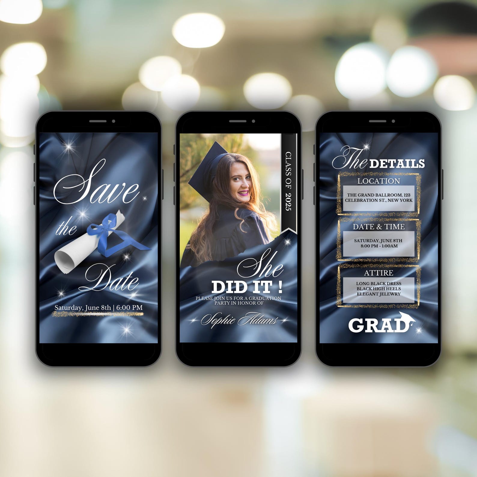 Elegant Navy Blue Graduation Invitation | 2025 Save the Date | Editable ...