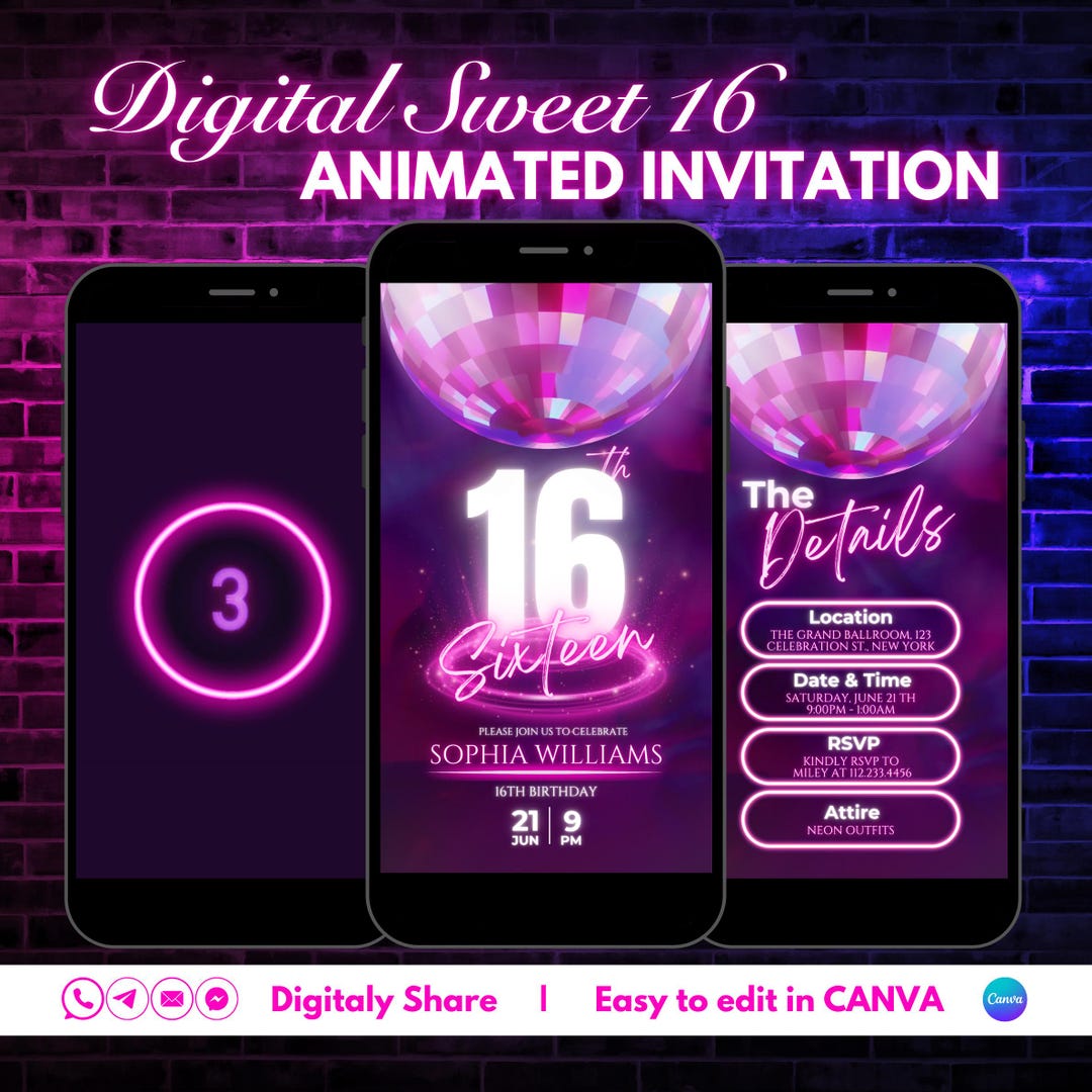 Neon Pink Sweet 16 Animated Invitation | Glow Party Video Template ...
