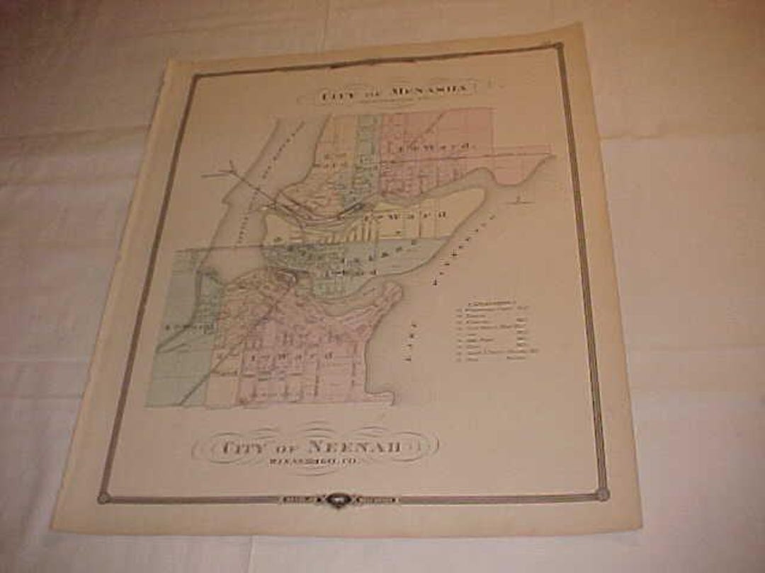 1878 Wisconsin Hand Colored Plat Map Cities of Neenah and Menasha ...