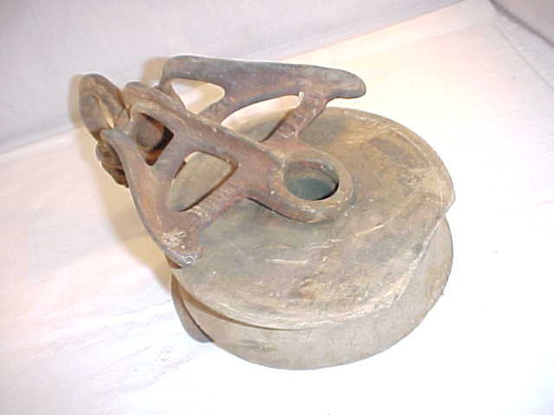 Large Wood Pulley in Cast Iron Frame With Cast Metal Swivel Ring for ...