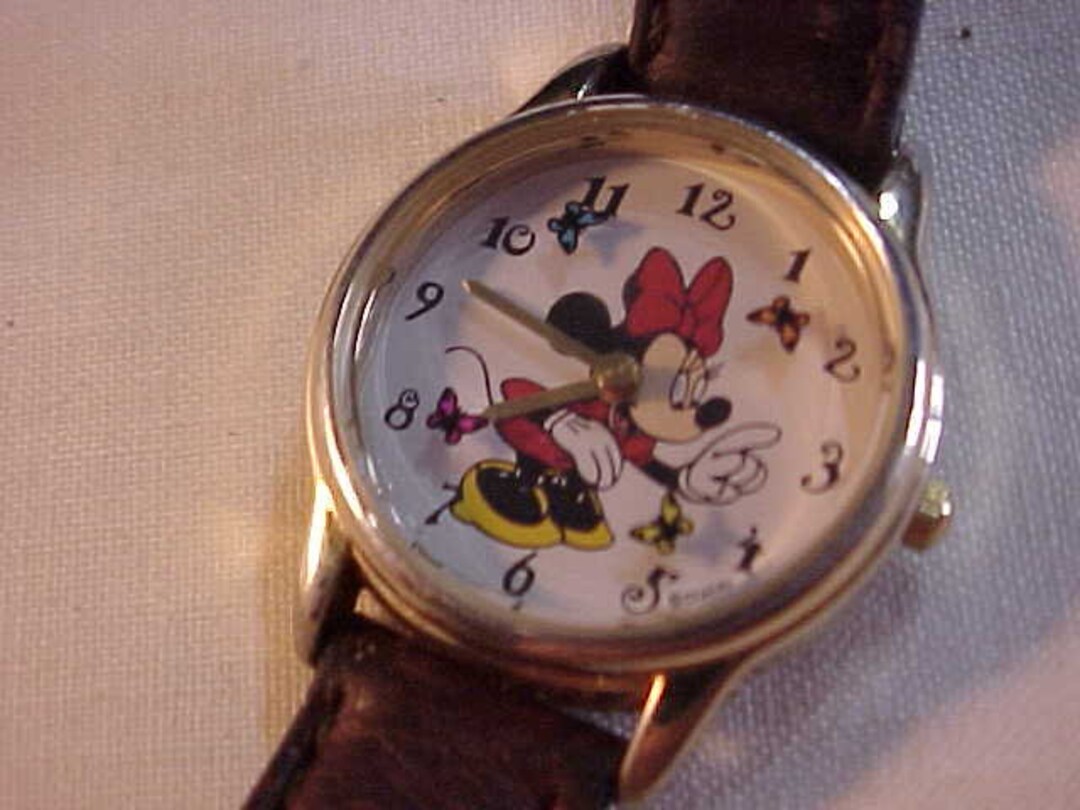 Vintage Minnie Mouse Watch, Butterfly Dial, Brown Leather Band - Etsy