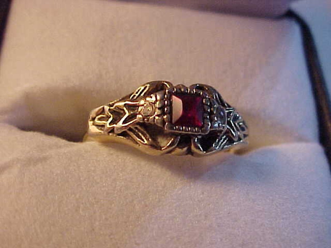 Women's Gold Ring With Square Ruby Red Stone and 2 White Rhinestones ...