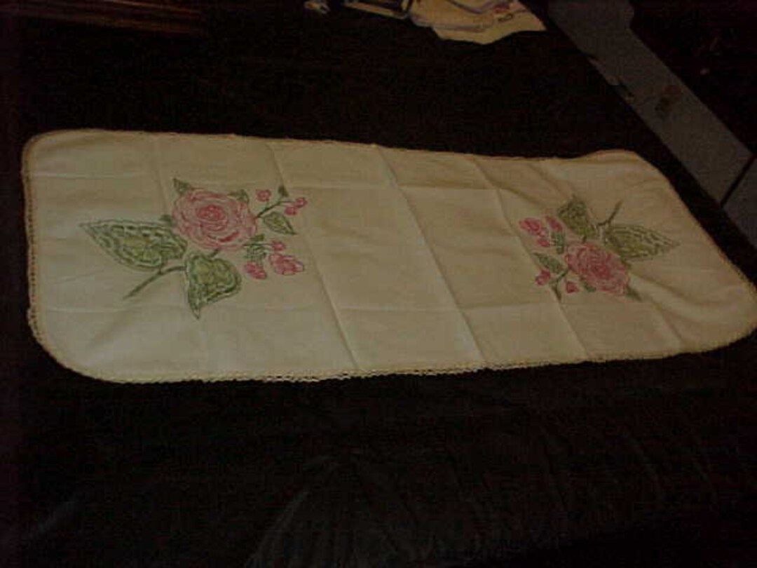 Embroidered Table Runner Dresser Scarf With Crocheted Edge Table Scarf ...