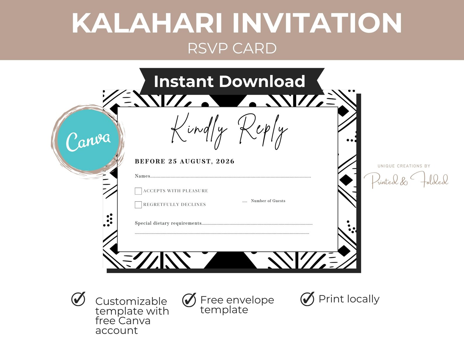 Kalahari Wedding Invitation Suite – African Pattern Invite, RSVP Card ...