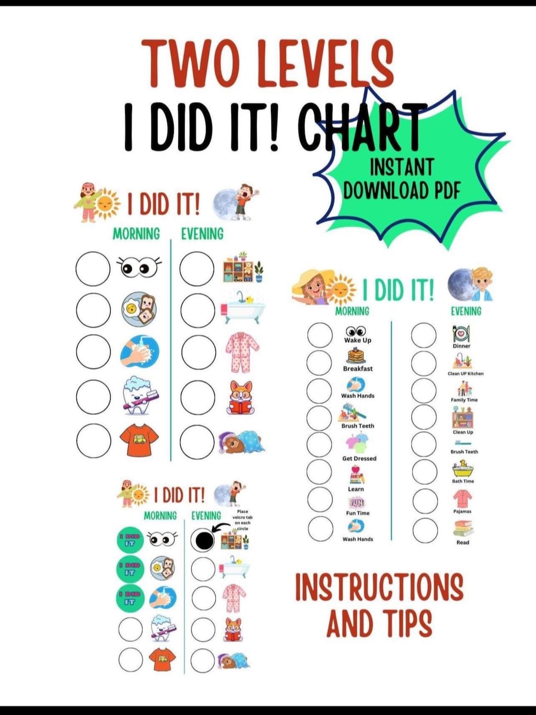 TWO-LEVELS “I Did It” Daily Chart for Toddlers, Pre-k or Grade School ...