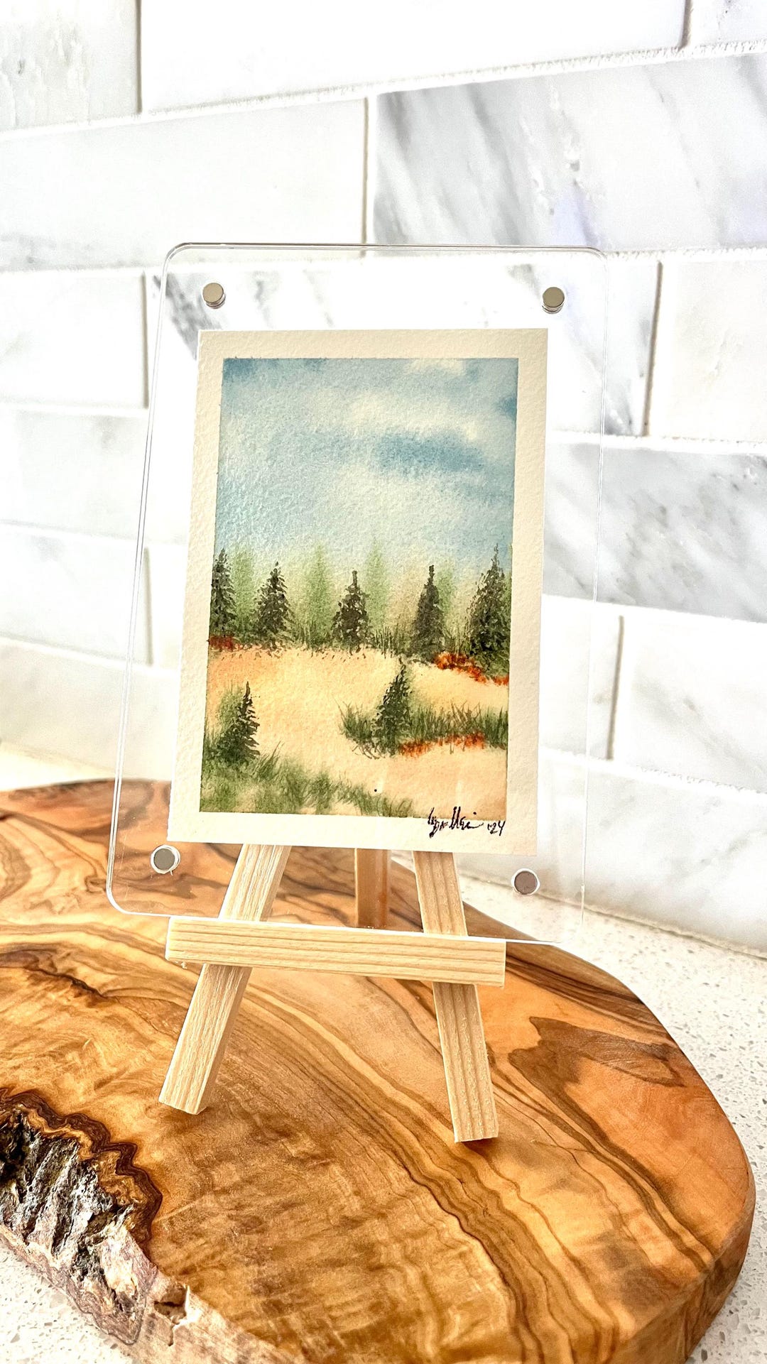 Mini Watercolor - Original - Landscape With Trees in Acrylic Frame ...