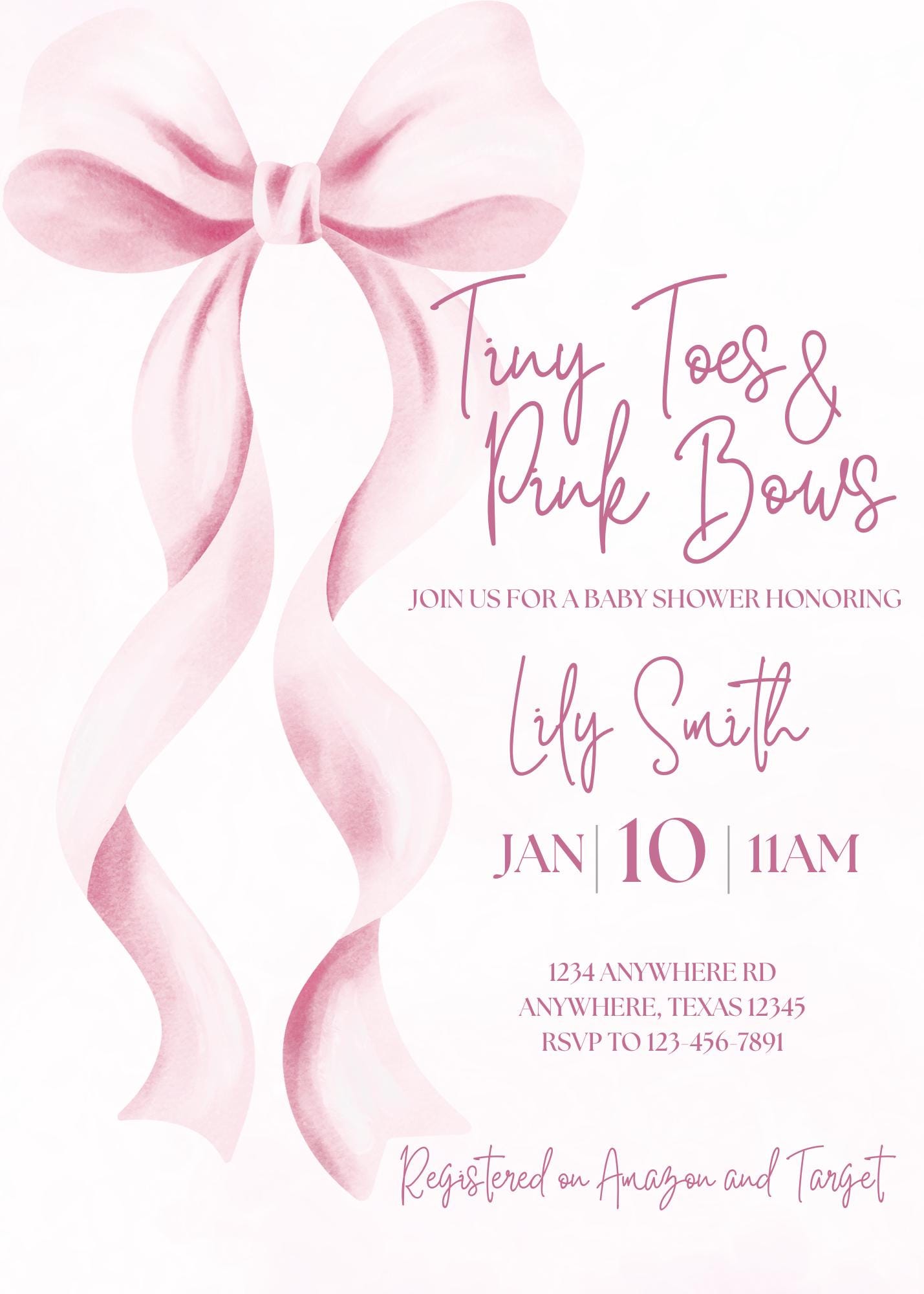 Tiny Toes & Pink Bows Baby Shower Invitation – Custom Baby Girl Shower ...