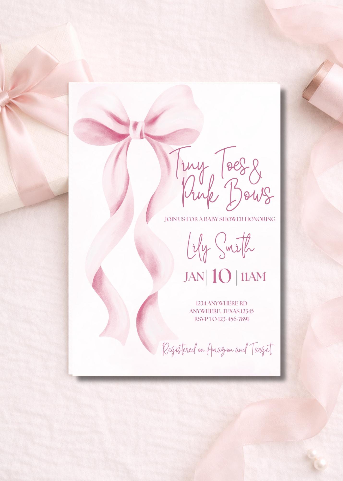 Tiny Toes & Pink Bows Baby Shower Invitation – Custom Baby Girl Shower ...