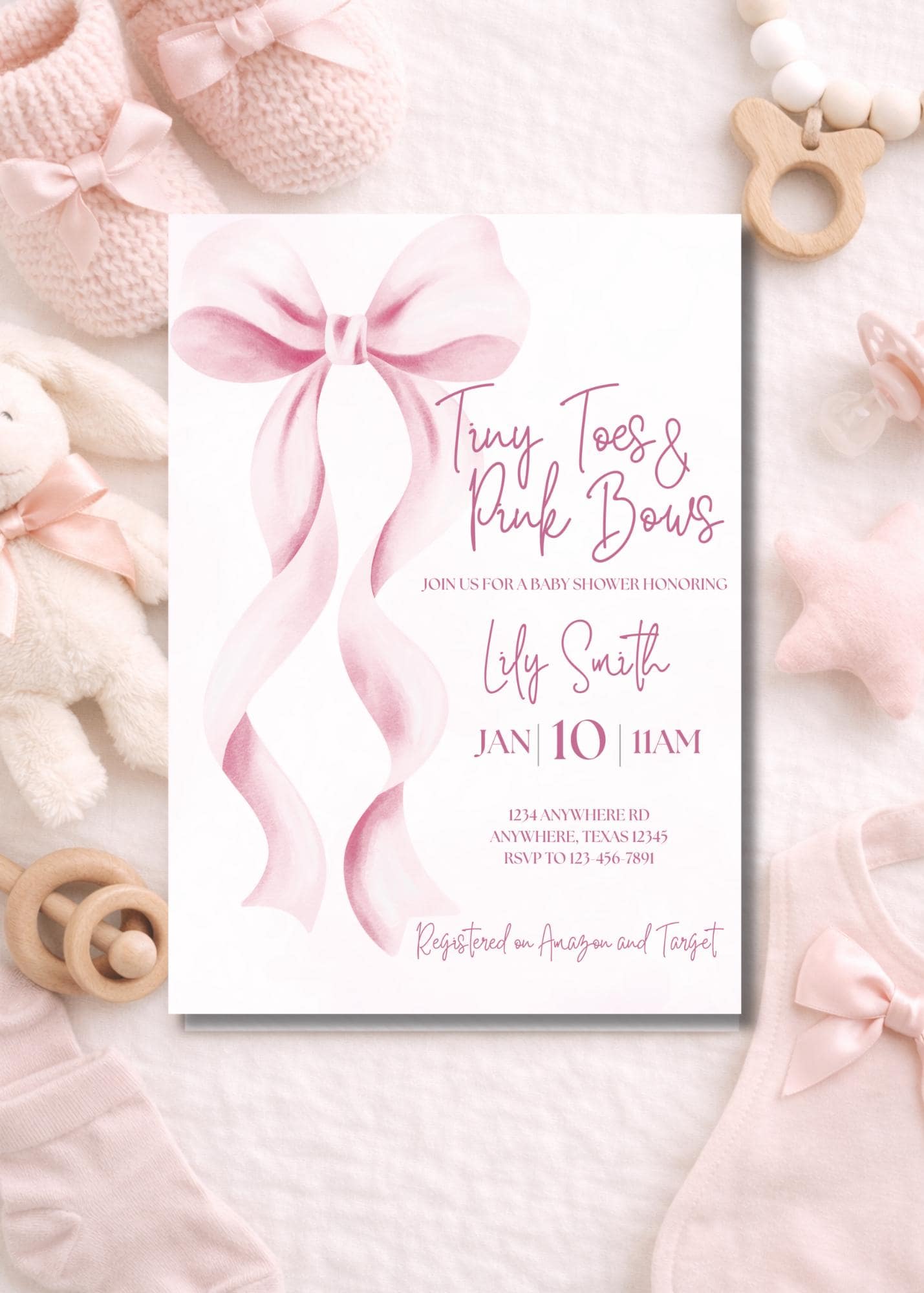 Tiny Toes & Pink Bows Baby Shower Invitation – Custom Baby Girl Shower ...
