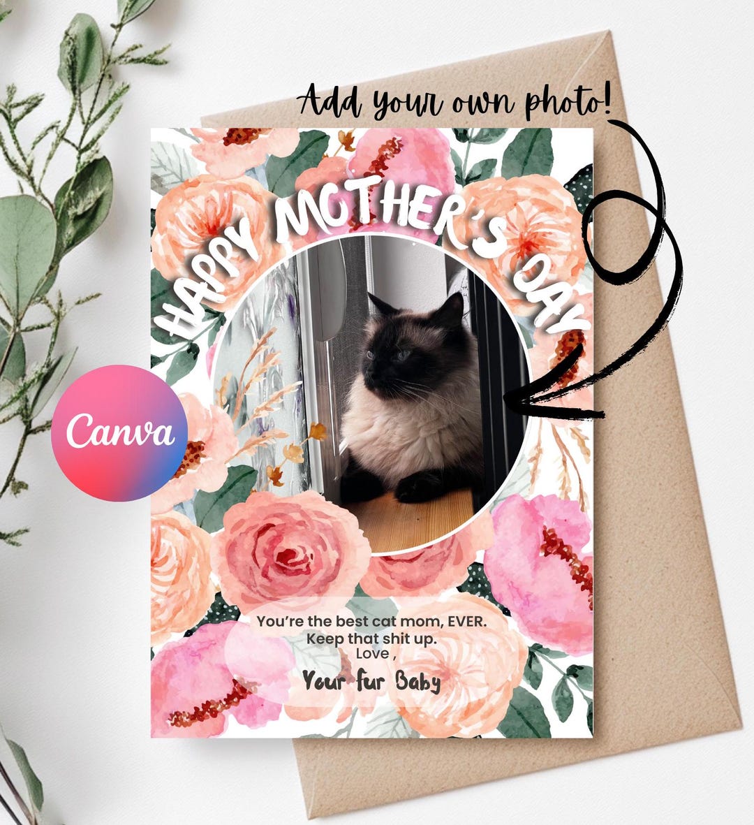 Editable Cat Mothers Day Card With Photo, Personalized Card for Cat Mom ...