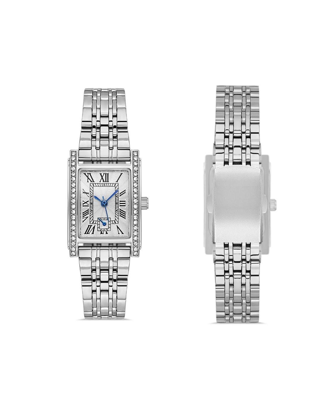Silver Rectangular Watch: Diamond Accents, Roman Numerals, Stainless ...