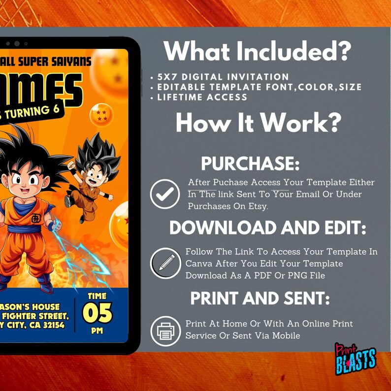 Dragon Ball Z Birthday Invitation, Goku Anime Party (canva Invite) - Etsy