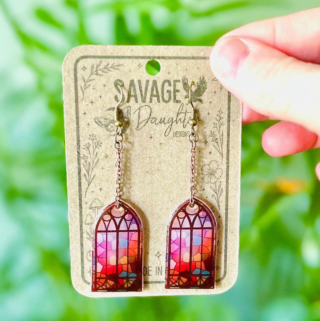 Stained Glass Window Earrings | Boho Watercolor Dangle Earrings | Dark ...