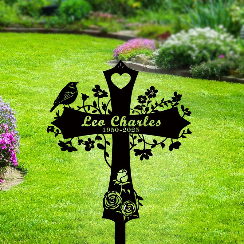 Personalized Memorial Cross Grave Marker - Custom Metal Garden Stake ...