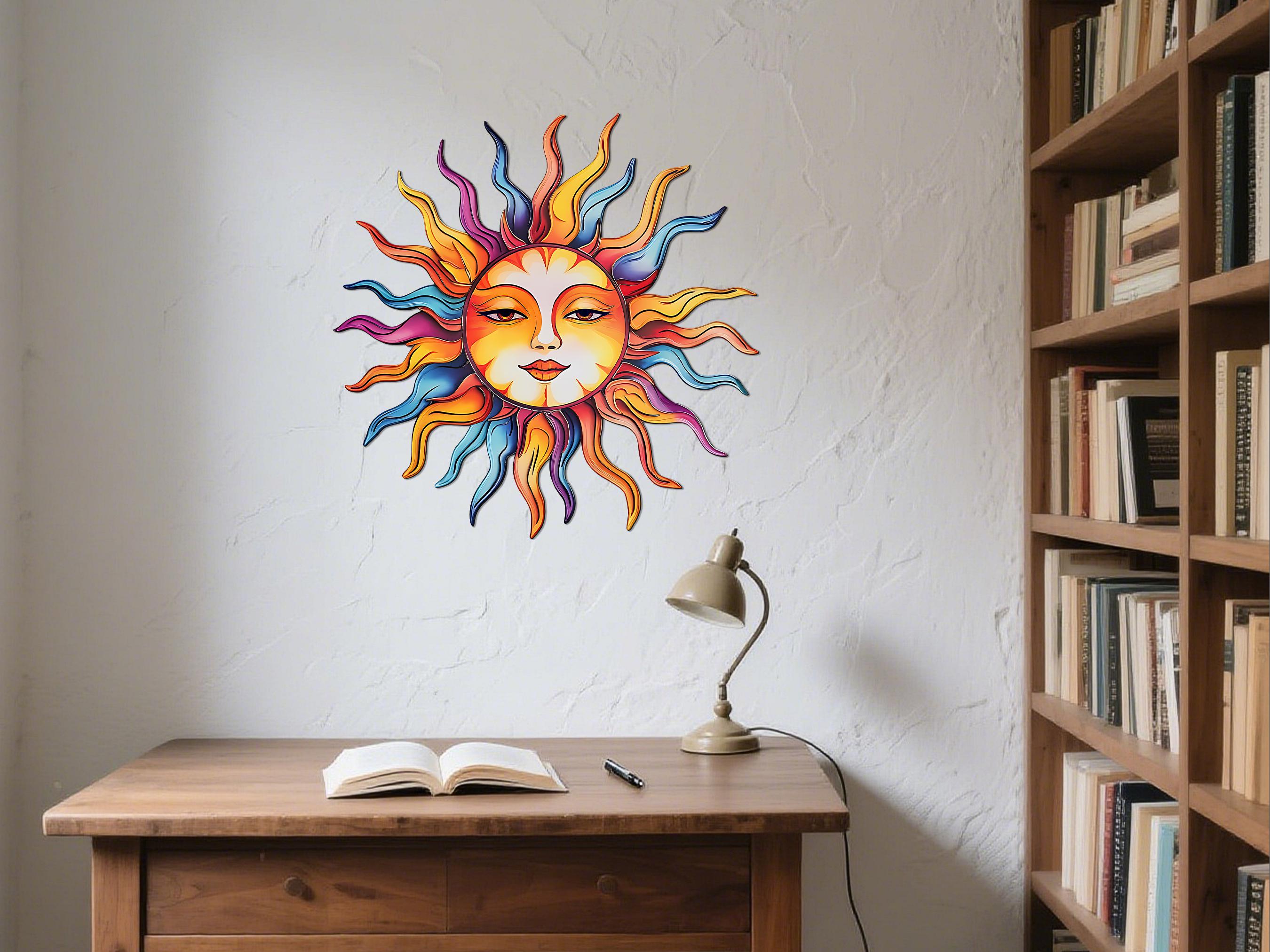 Colorful Sun Face Metal Wall Art - Bohemian Rainbow Sun Wall Decor ...