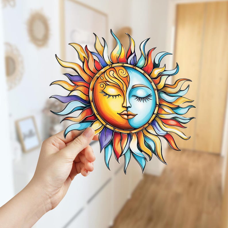 Colorful Sun and Moon Face Metal Wall Art – Boho Celestial Decor ...