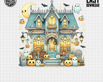 Haunted Fall Bookstore PNG, Trendy Cute Halloween Spooky Ghosts Cozy ...