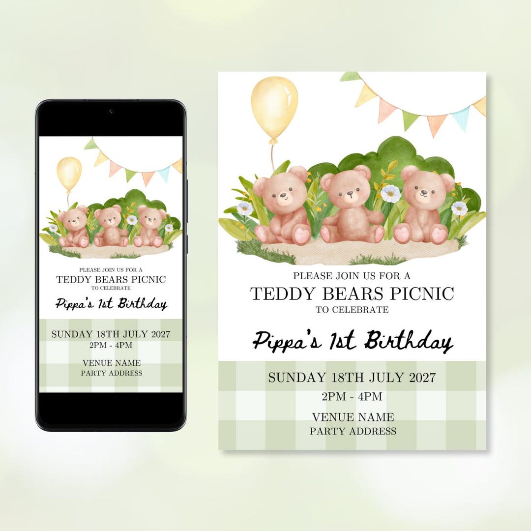 Teddy Bears Picnic Invitation Template, Editable Children's Birthday ...
