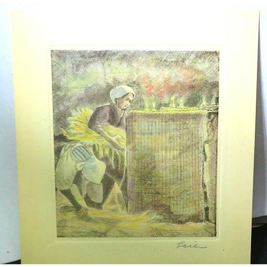 Vintage Etching Willy Seiler Original Hand Colored Etching Burning Rice ...