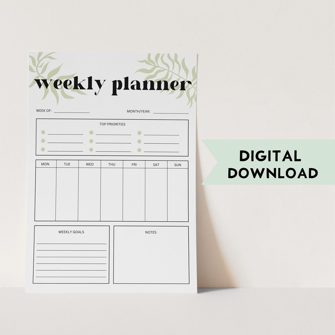Weekly Planner Page - Modern - Green Leaves - Digital Download - Etsy